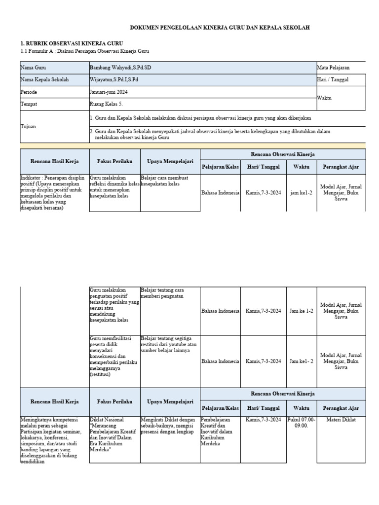 Form Observasi Disiplin Positif - Bambang | PDF