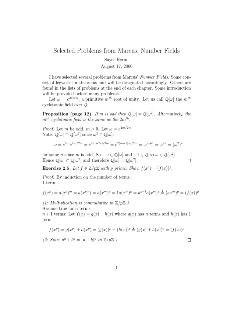 Selected Problems from Marcus, Number Fields: 2πi/m th th | PDF ...