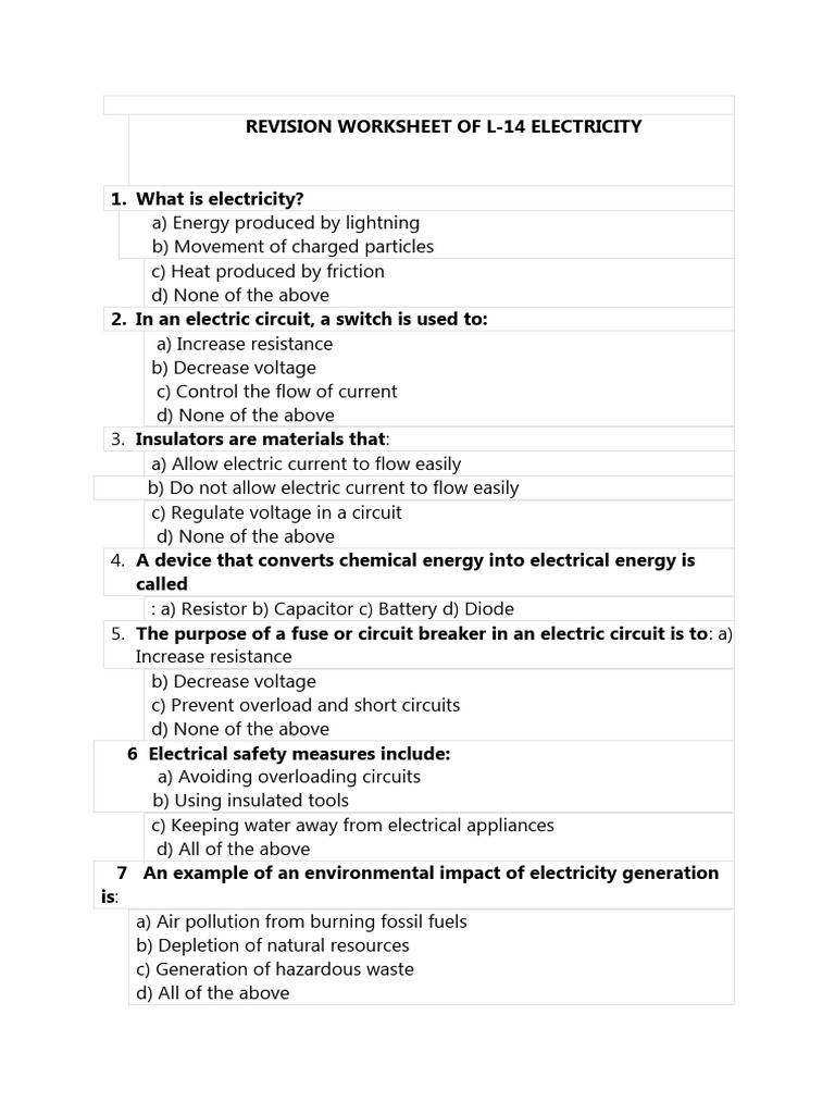 REVISION WORKSHEET OF L-14 ELECTRICITY 7th | PDF | Technology & Engineering