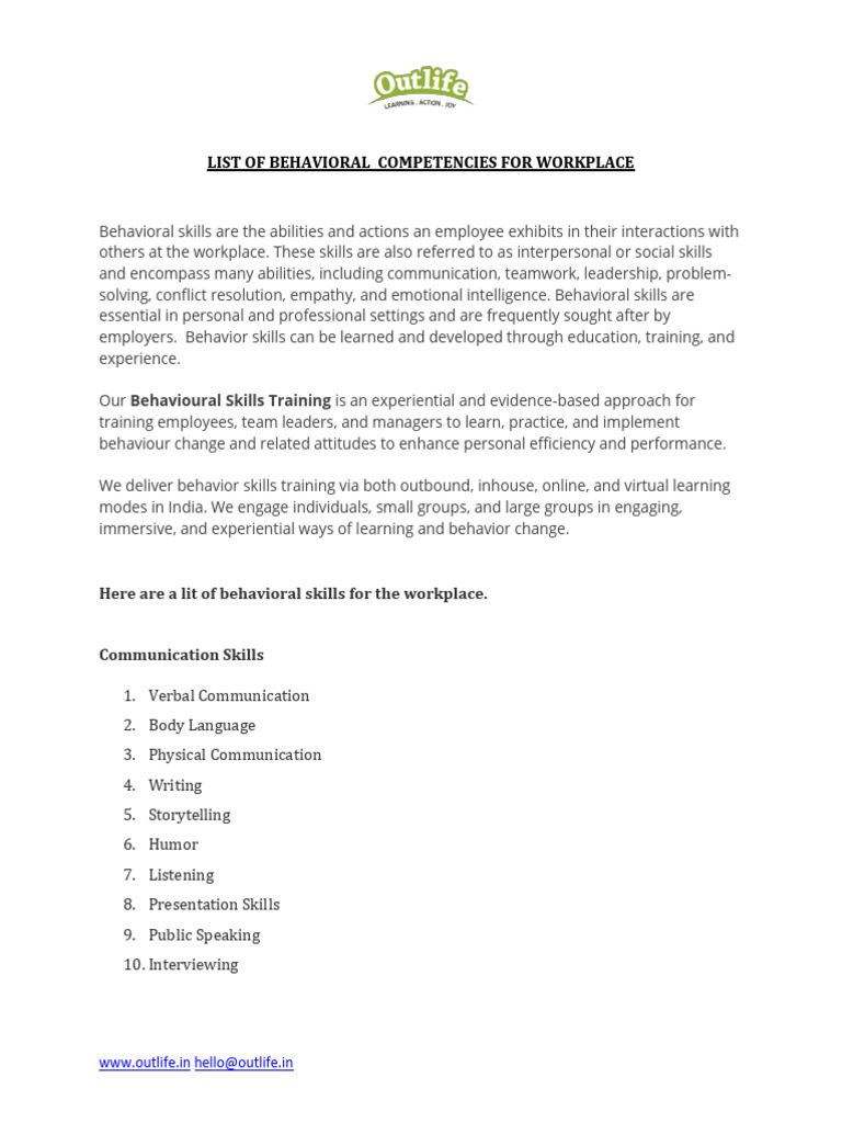 Behavioural Skills Competencies List | PDF | Leadership | Communication