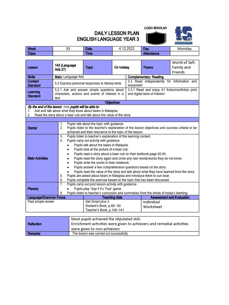 Week 40 Yr 3 Daily Lesson Plan | PDF | Lesson Plan | Teachers