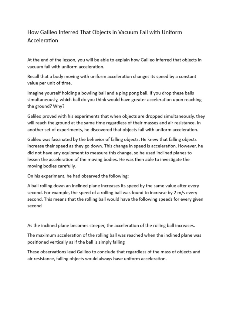 How Galileo Inferred That Objects in Vacuum Fall With Uniform Acceleration | PDF | Acceleration ...