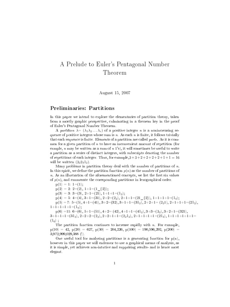 A Prelude To Euler's Pentagonal Number Theorem: Preliminaries: Partitions | PDF | Combinatorics ...