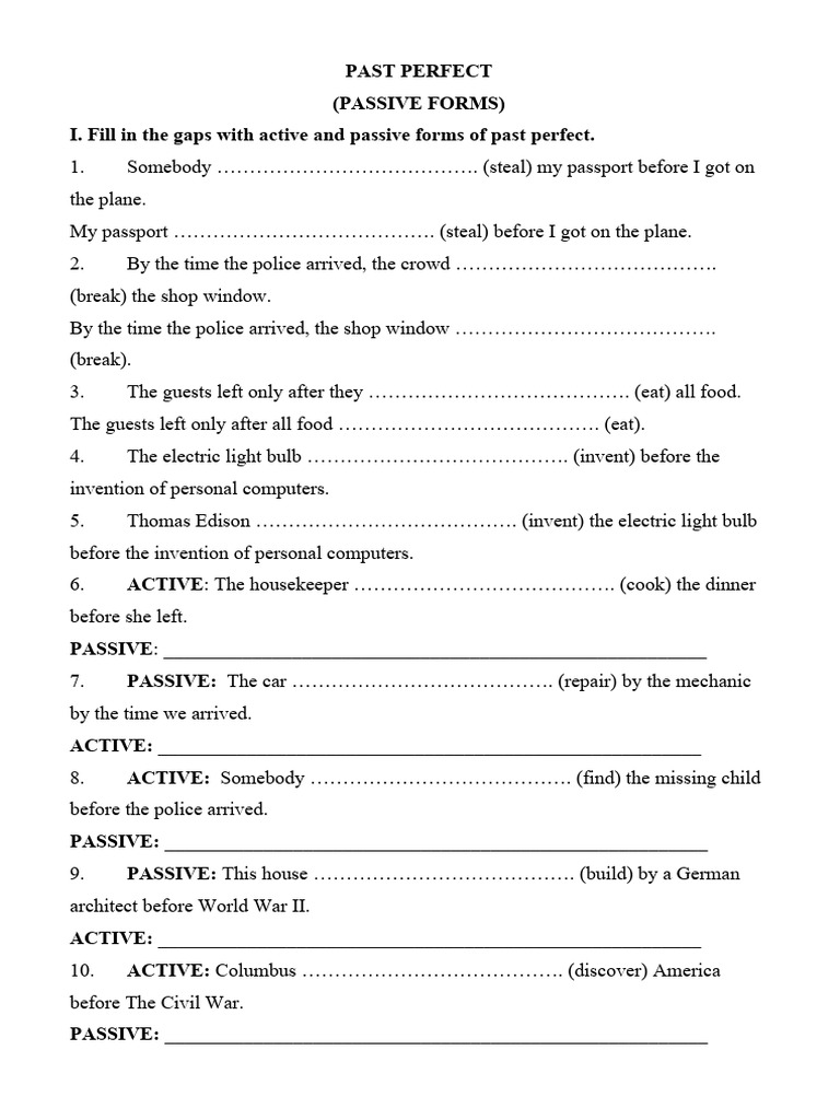 Past Perfect Active and Passive Voice Grammar Drills Tests 60042 | PDF ...