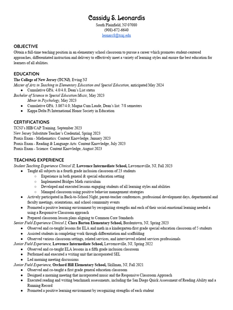 Leonardis - Teaching Resume | PDF | Special Education | Lesson Plan
