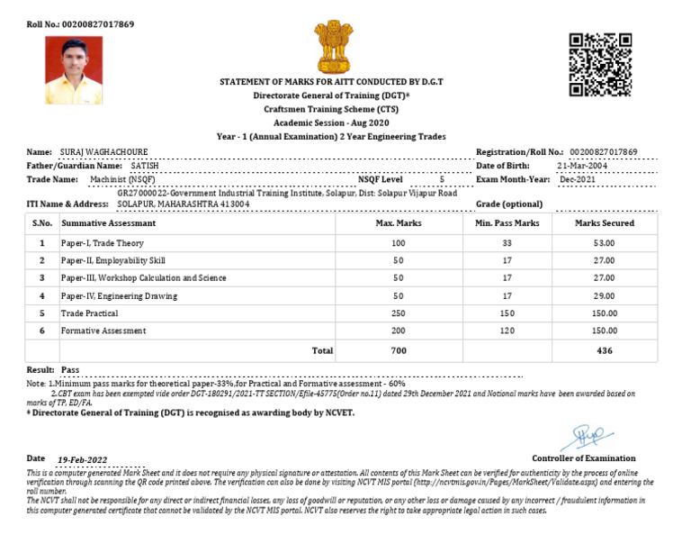 AITT Marks Statement for ITI Solapur | PDF