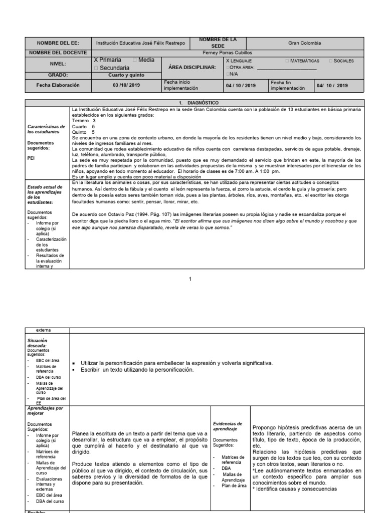 Plan de Aula 7 | PDF | Aprendizaje | Fábula