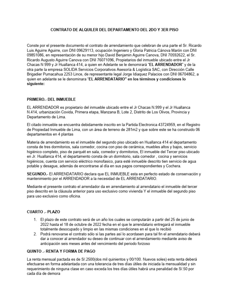Contrato de Alquiler Del Departamento Del 2do y 3er Piso | Descargar gratis PDF | Derecho civil ...