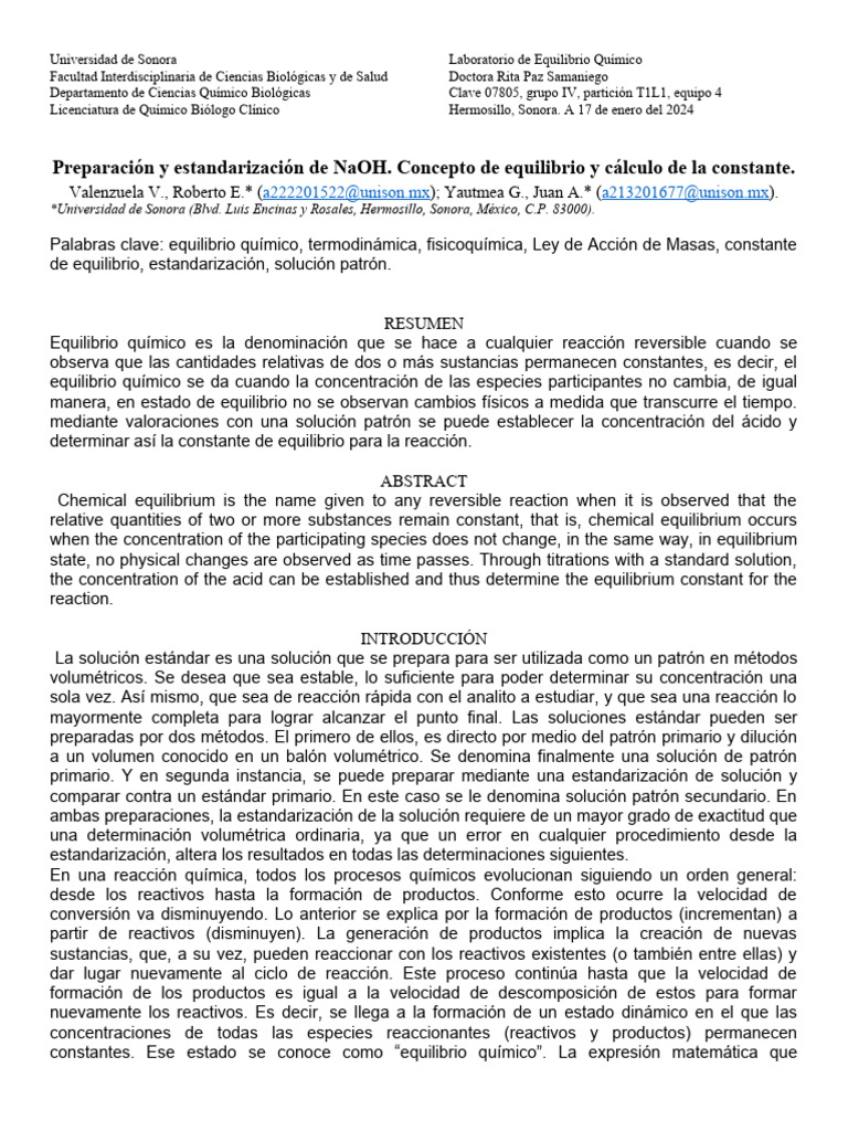 Lab Eq Quim P2 | PDF | Equilibrio químico | Estequiometría