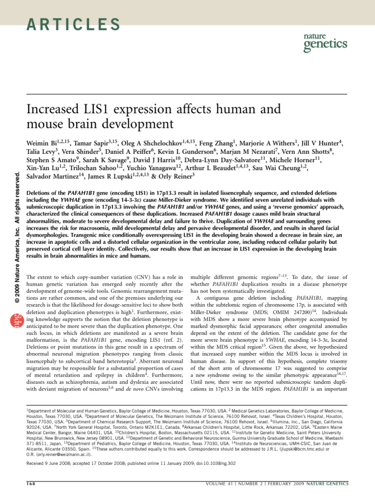 Bi Et Al. - Nat - Gen. - 2009 - Increased LIS1 Expression Affects Human ...