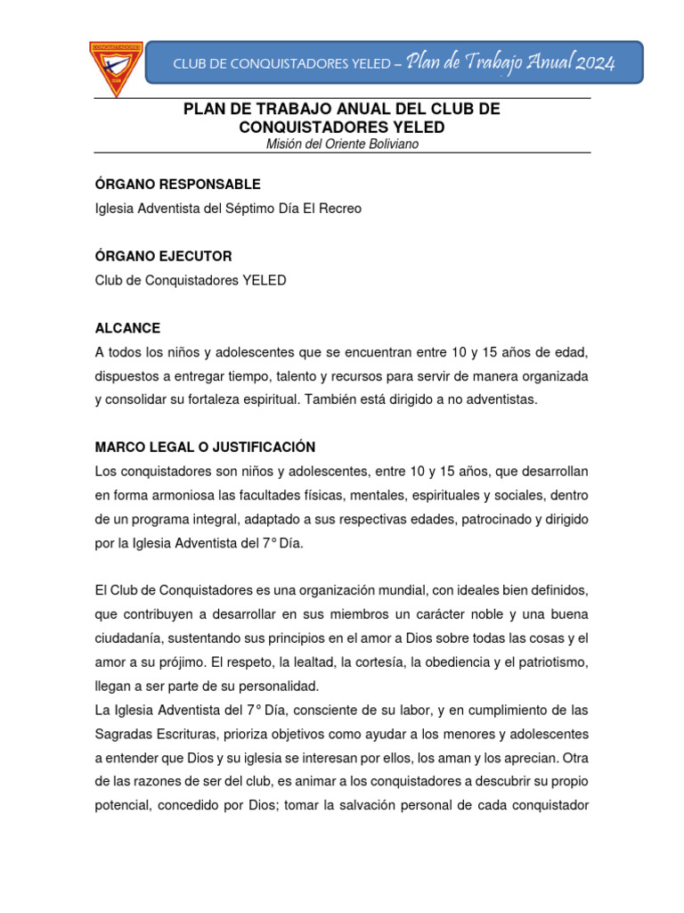 Plan Anual 2024 Club Conquistadores Yeled | PDF | Iglesia Adventista ...