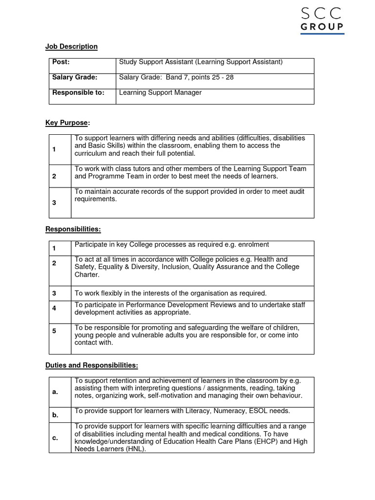 SCC - JD of Learning Support Assistant | PDF | Learning | Inclusion ...