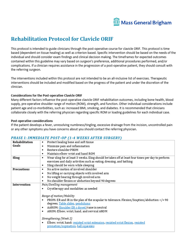 Clavicle ORIF Rehabilitation Protocol | PDF | Anatomical Terms Of Motion | Shoulder