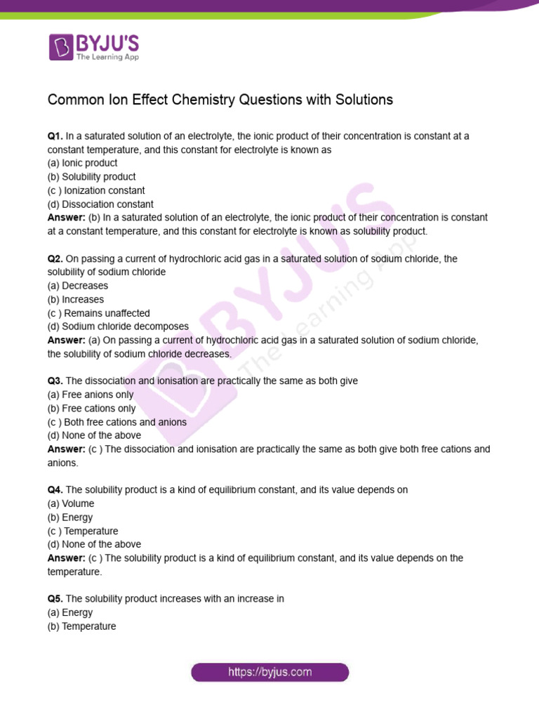 Common Ion Effect Practice Questions | PDF | Hydroxide | Solubility