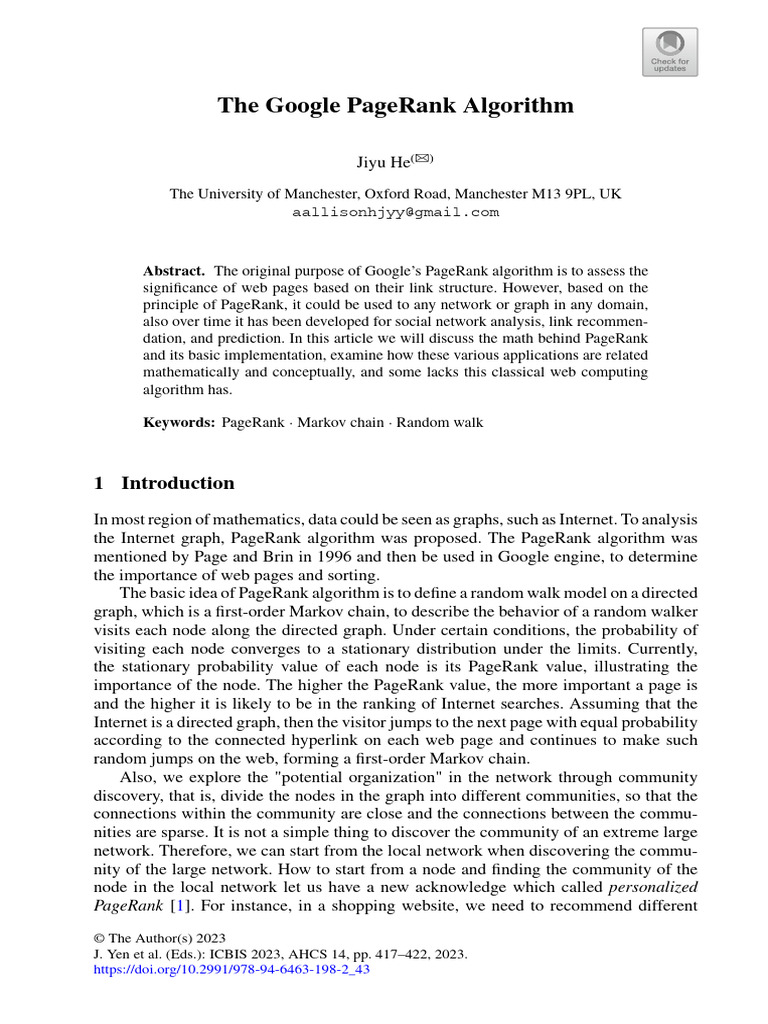 Abstract. The Original Purpose of Google'S Pagerank Algorithm Is To Assess The | PDF | Markov ...