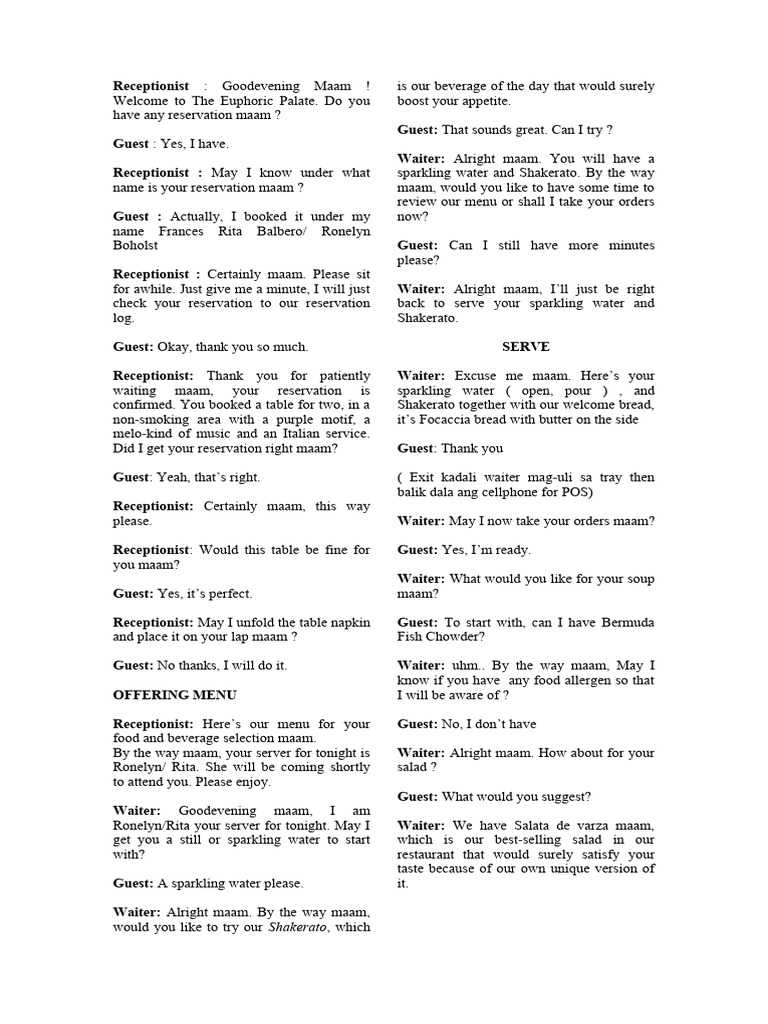 Taking Orders Script | Download Free PDF | Waiting Staff | Cuisine
