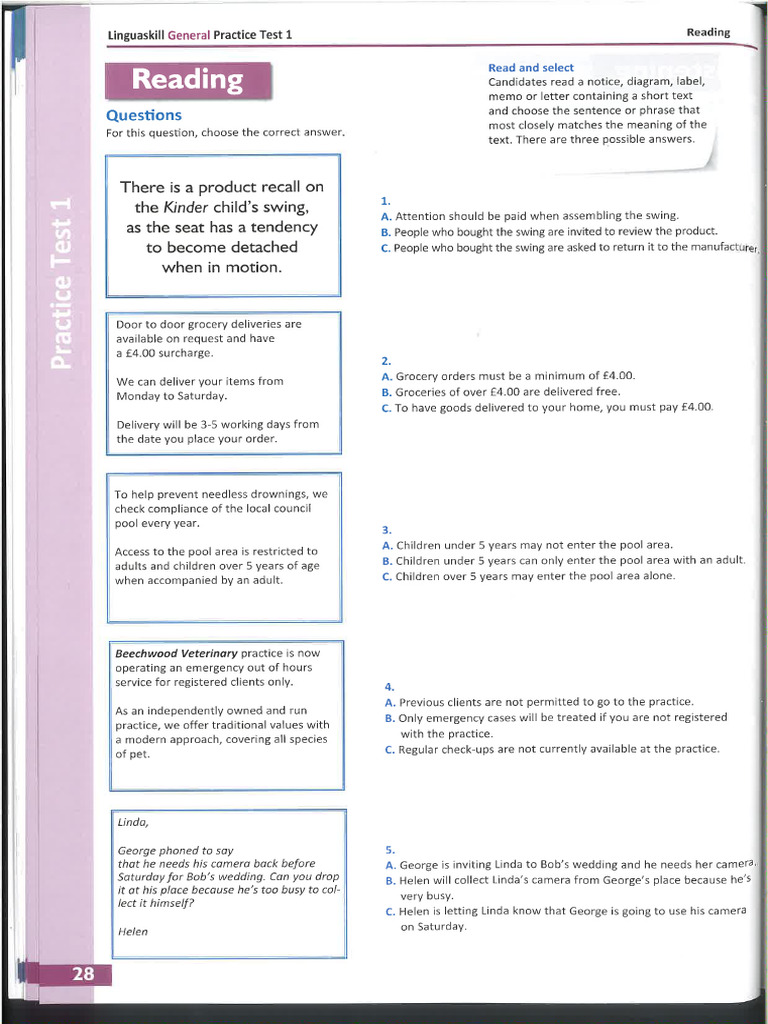 Reading Linguaskill 1 | PDF