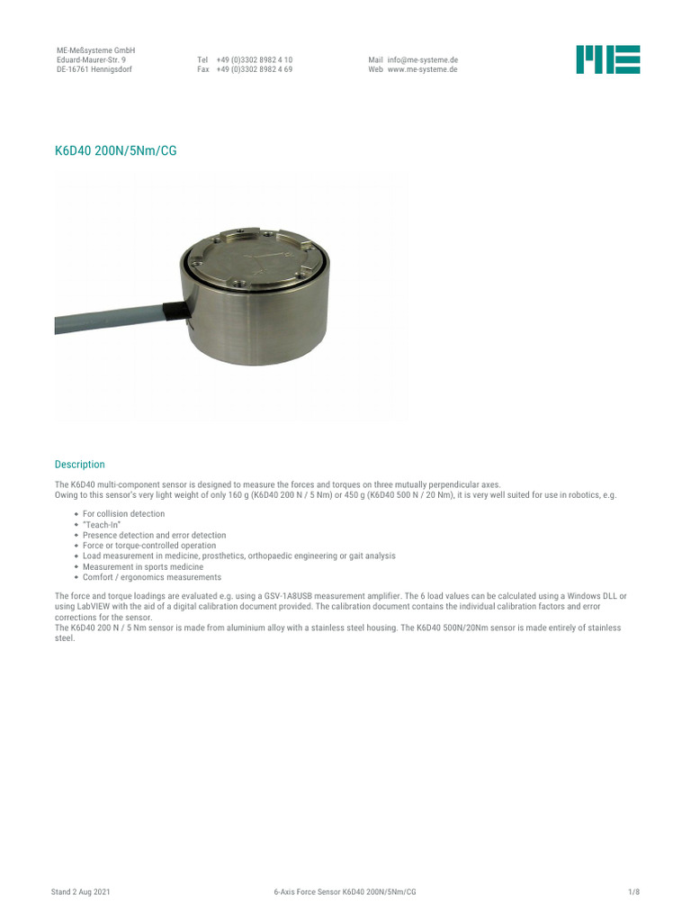 K6D40 6-Axis Force Sensor Specs | PDF | Electrical Resistance And ...
