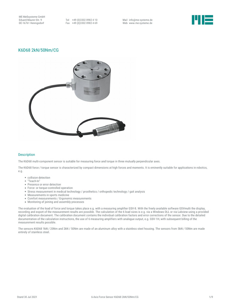 K6D68 6-Axis Force Sensor Overview | PDF | Electrical Resistance And ...