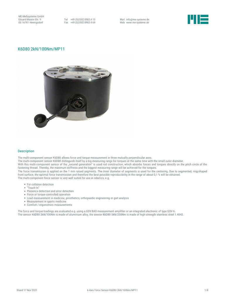 K6D80 6-Axis Force Sensor Overview | PDF | Electrical Resistance And ...