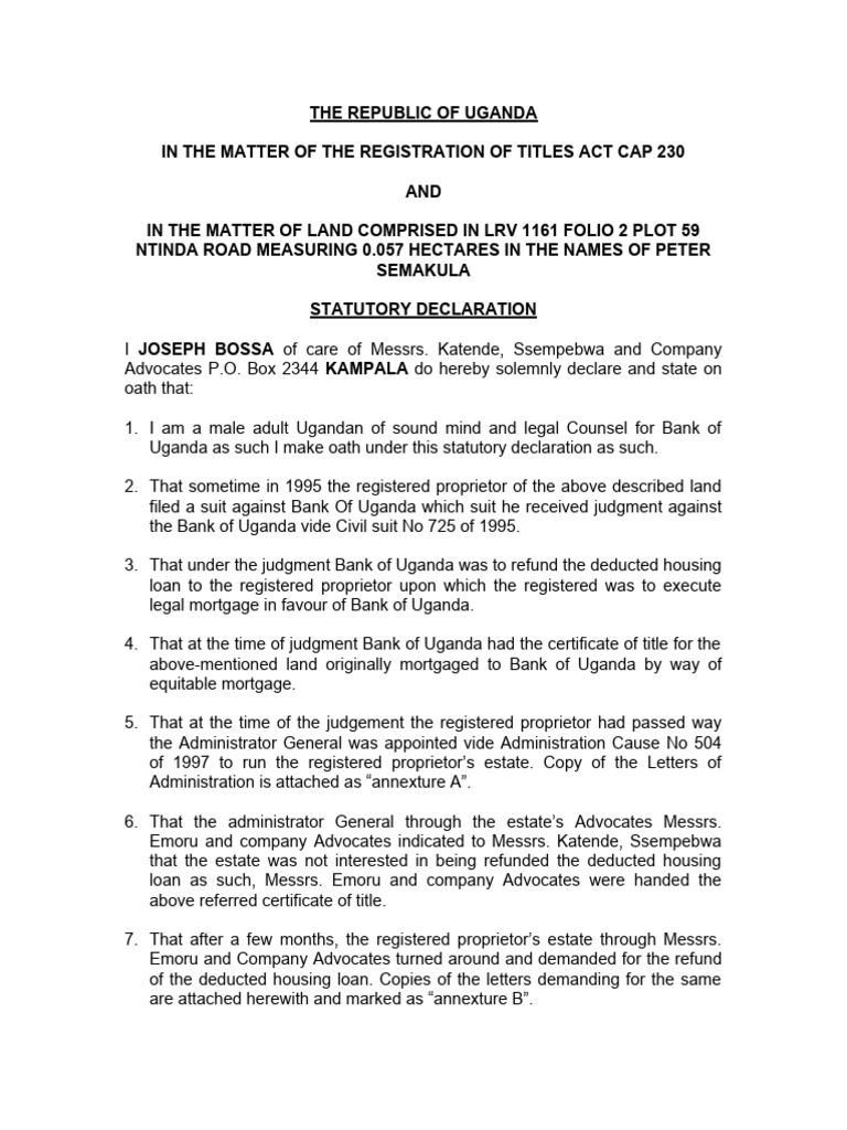 Statutory Declaration Bou Caveat | PDF | Uganda | Civil Law (Common Law)