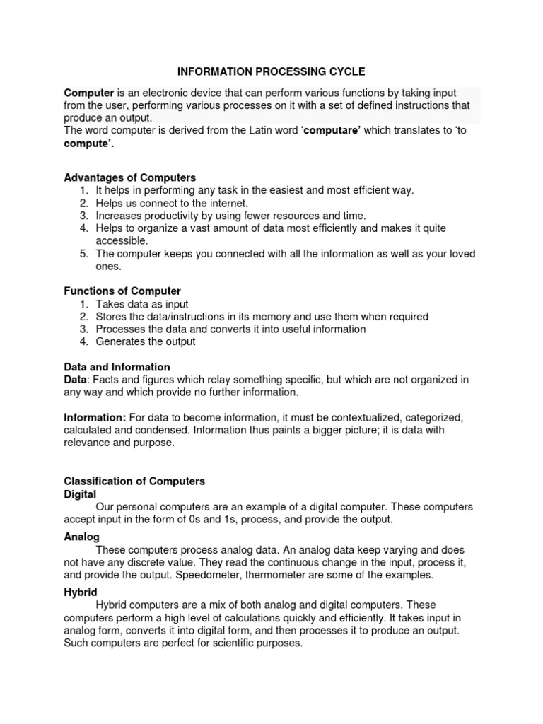 Information Processing Cycle Pdf Computer Data Storage Input Output