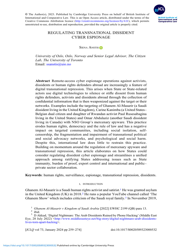 Regulating Transnational Dissident Cyber Espionage | PDF | Cyberwarfare ...