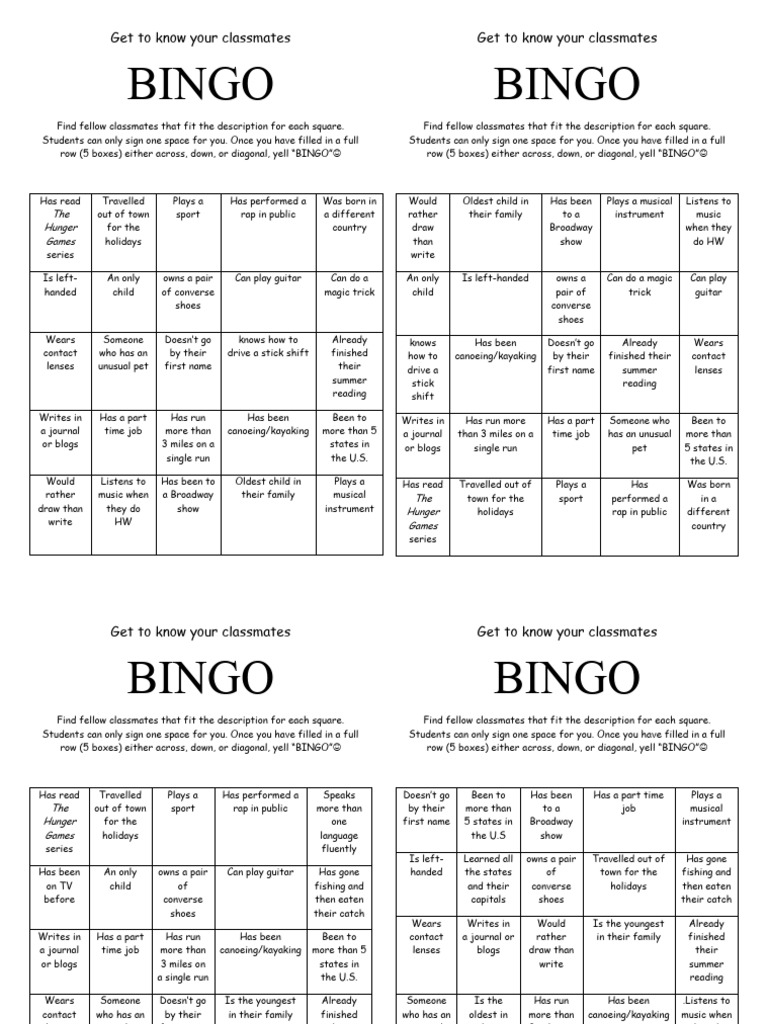 Bingo Bingo: Get To Know Your Classmates Get To Know Your Classmates | PDF