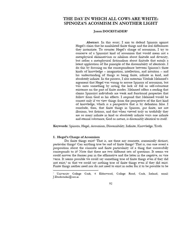 The Day in Which All Cows Are White: Spinoza'S Acosmism in Another ...