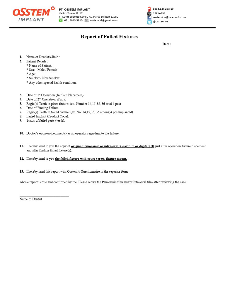 Osstem Implant Failure Report Form | PDF