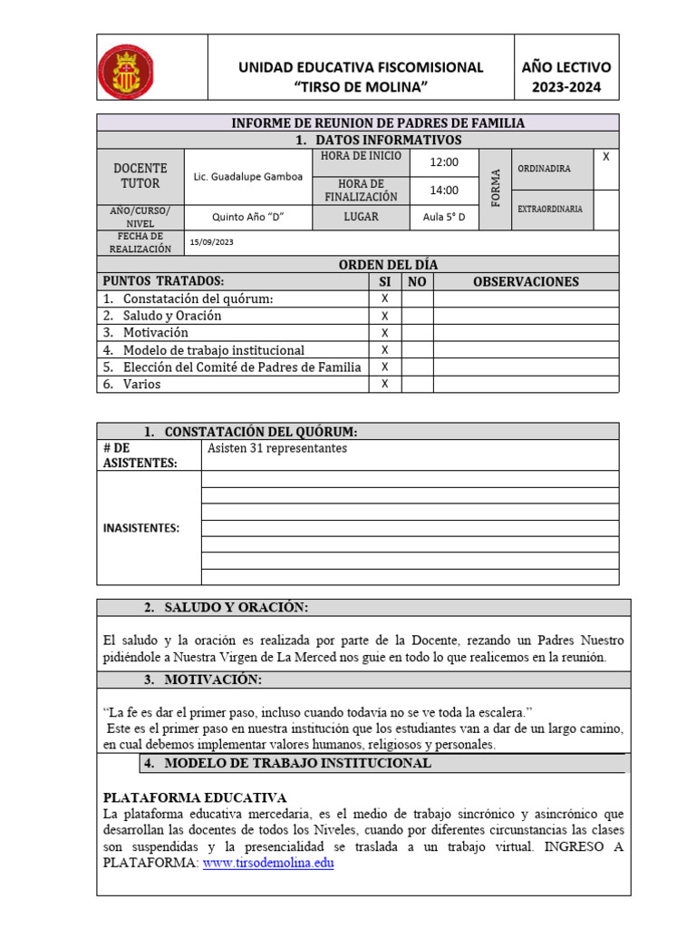 Informe de Sesión de Padres de Familia 1 2023 5D | PDF