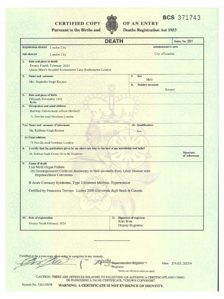 Mr. Kuldeep Singh Kooner Father Death Certificate1 | PDF