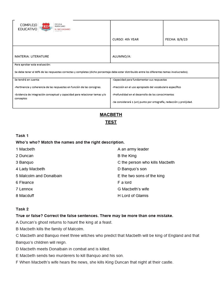 Macbeth Test | Download Free PDF | Macbeth | Literary Archetypes