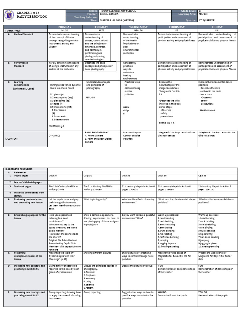 DLL - Mapeh 6 - Q3 - W6 | PDF | Physical Education