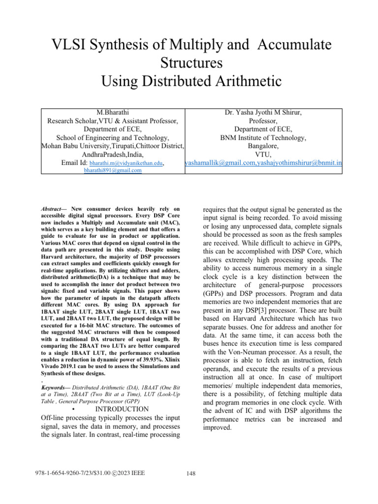 Vlsi Synthesis Of Mac Structures Using Distributed Arithmetic Iitcee