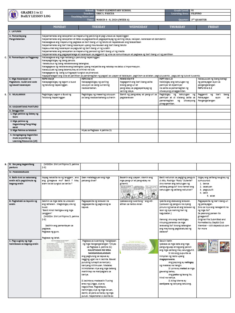 DLL Filipino 6 q3 w6 | PDF