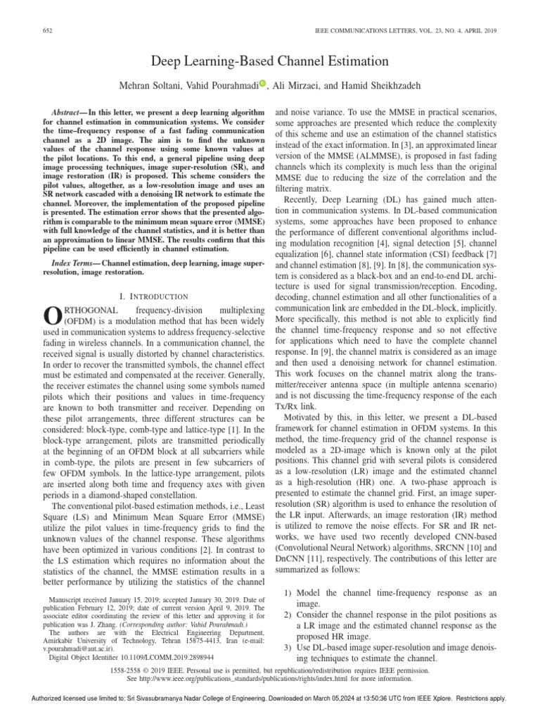 Deep Learning-Based Channel Estimation | PDF | Orthogonal Frequency Division Multiplexing | Mean ...