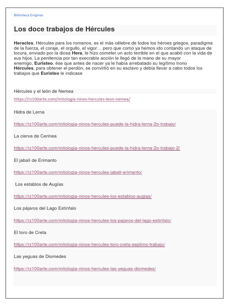 Los 12 Trabajos de Hércules: Mitos Griegos | PDF | Historia | Libros ...