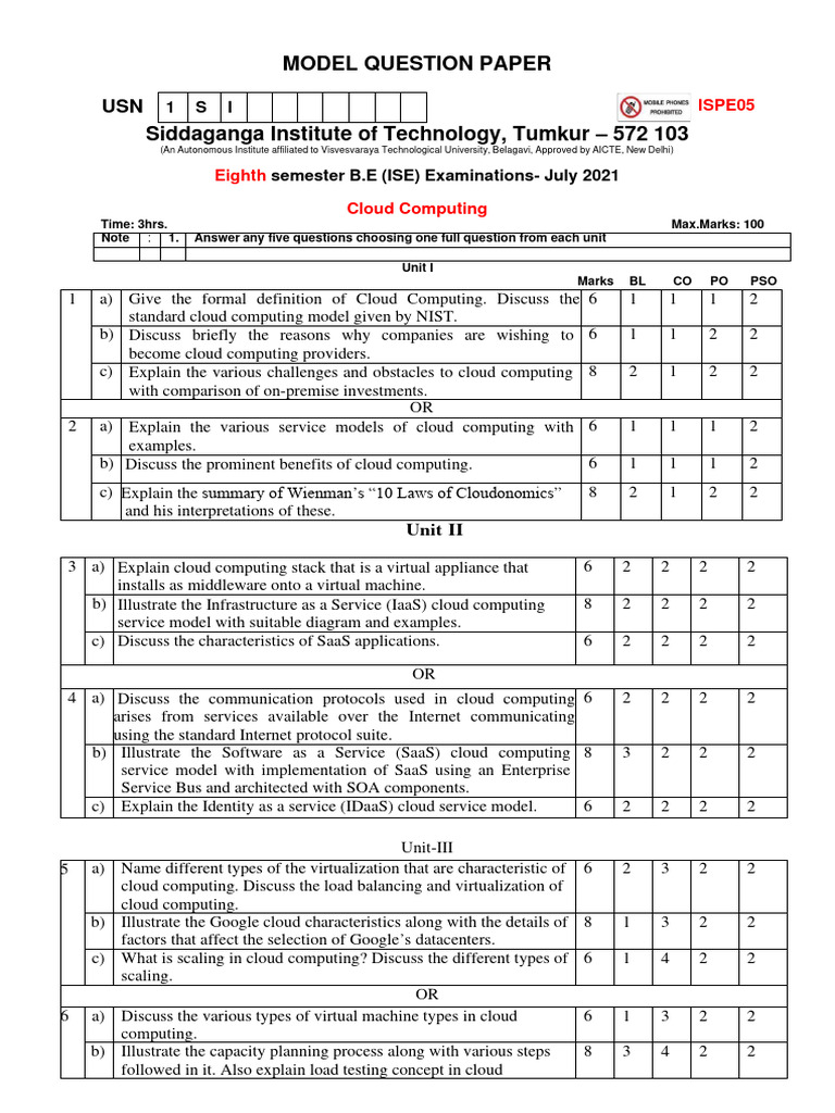 VTU Cloud Computing Model Question Paper | PDF | Cloud Computing | Service Oriented Architecture