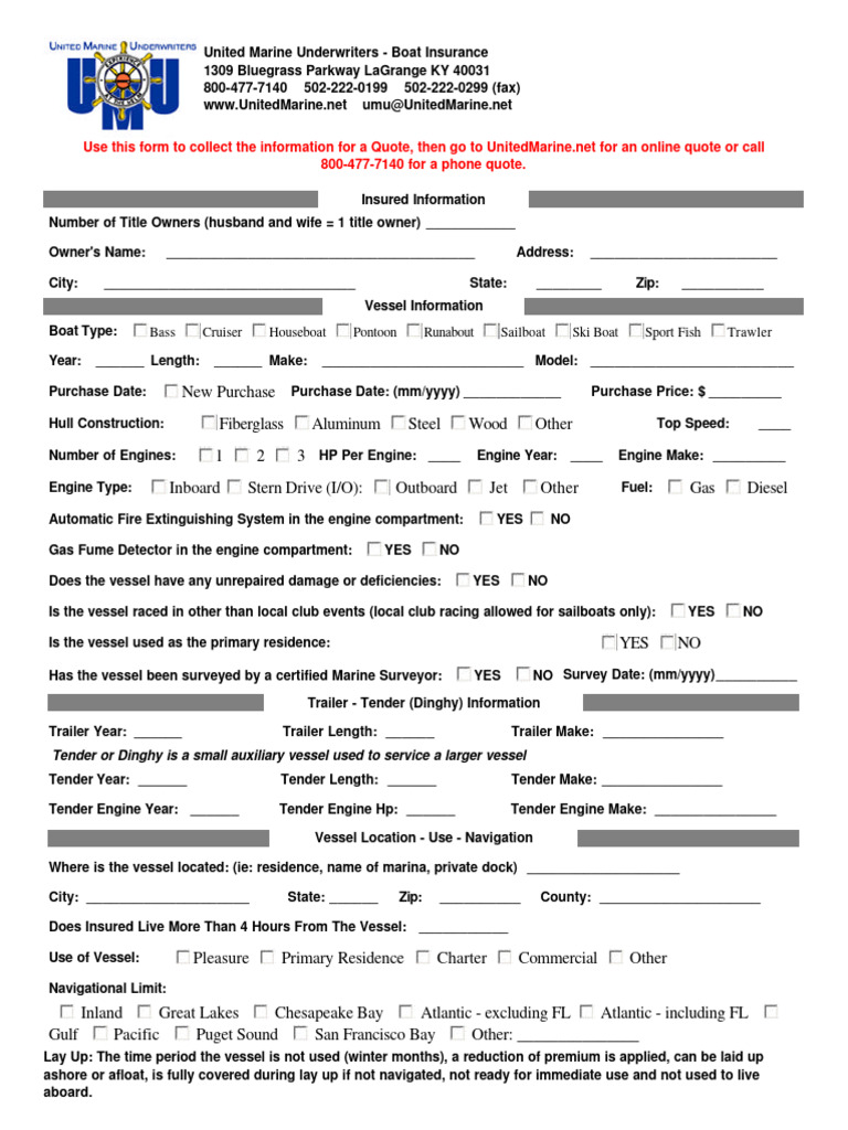 United Marine Boat Insurance Quote Form | PDF | Insurance | Water Transport