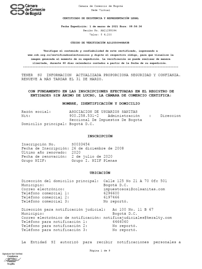 Certificado de Existencia y Representacion Legal | PDF | Business | Bogotá