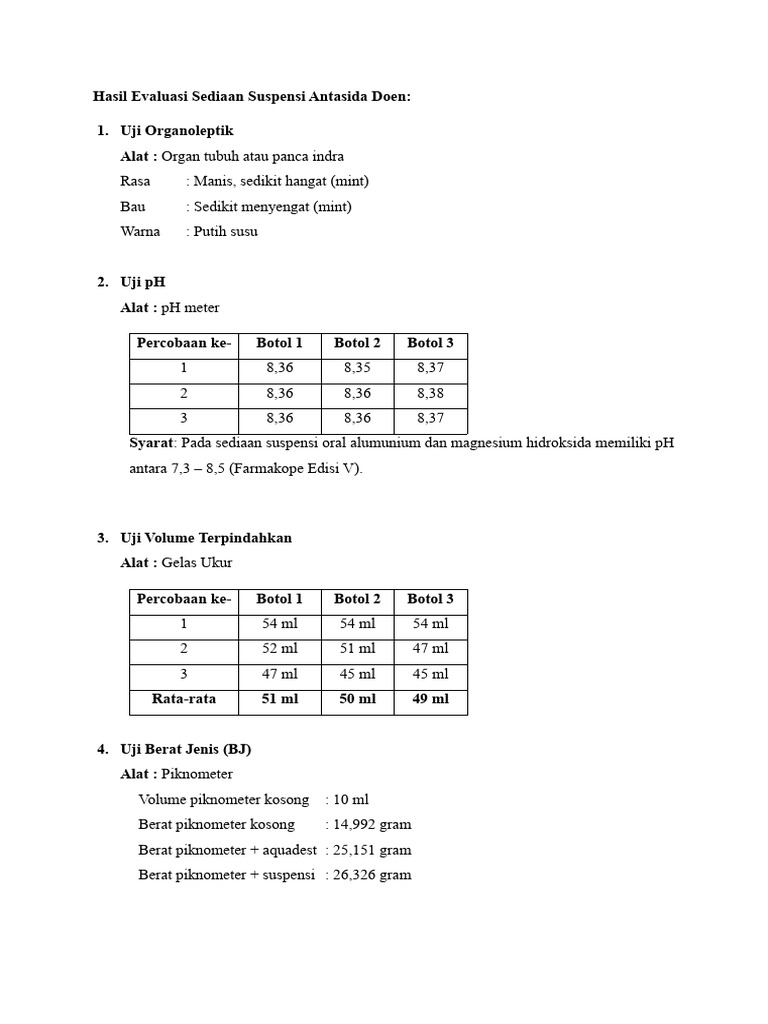 Hasil Evaluasi Sediaan Suspensi Antasida Doen | PDF