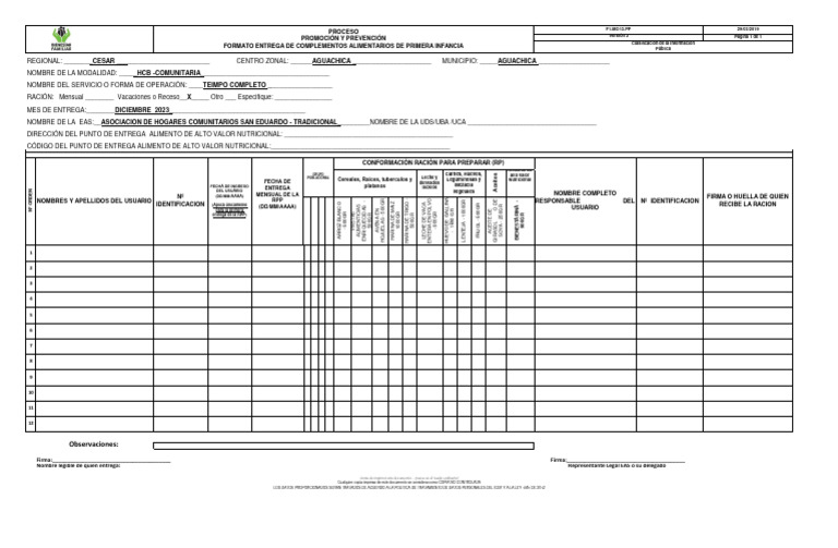 FORMATO ENTREGA DE COMPLEMENTOS- VACACIONAL --- 2023 | PDF | Alimentos | Alimentos basicos