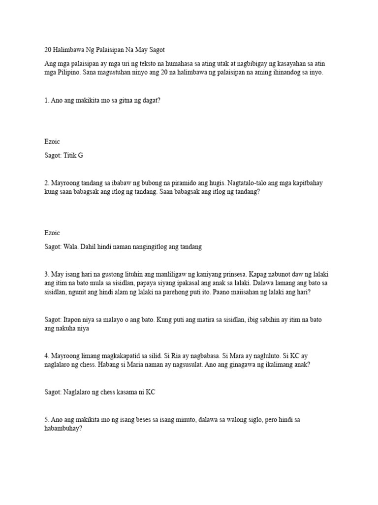 20 Halimbawa NG Palaisipan Na May Sagot | PDF