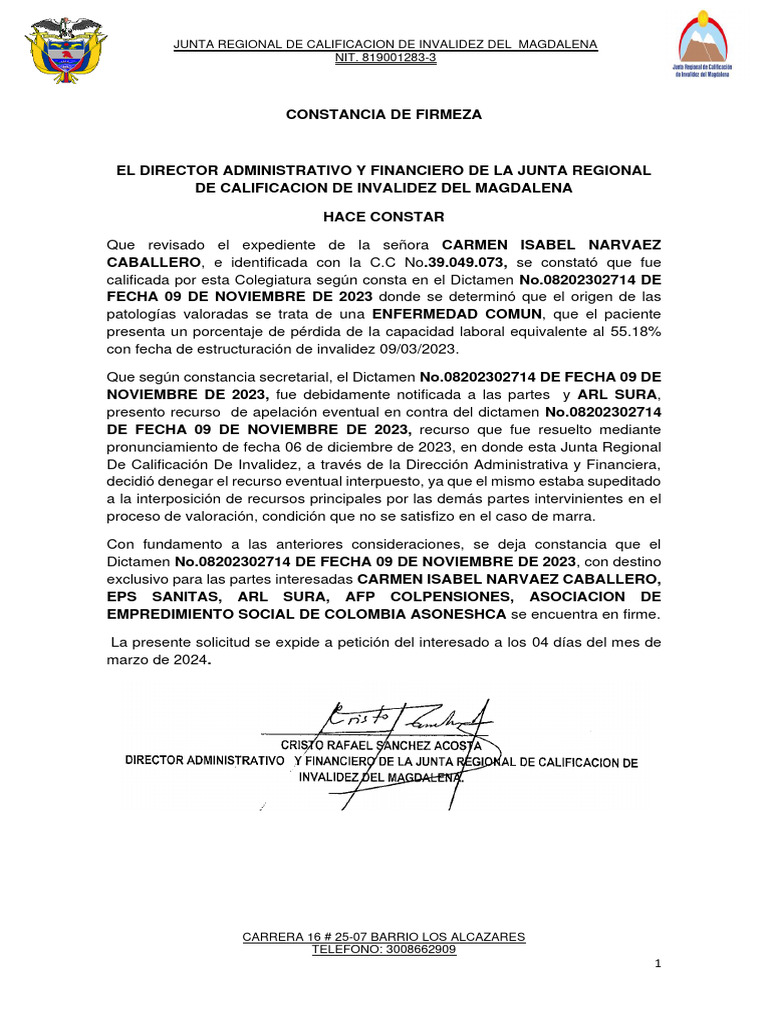 Constancia de Firmeza Carmen Isabel Narvaez Caballero | PDF