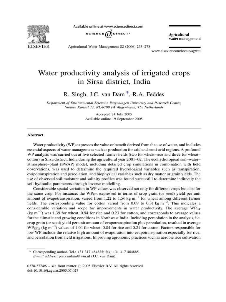 Water Productivity of Crops in Sirsa, India | PDF | Evapotranspiration ...