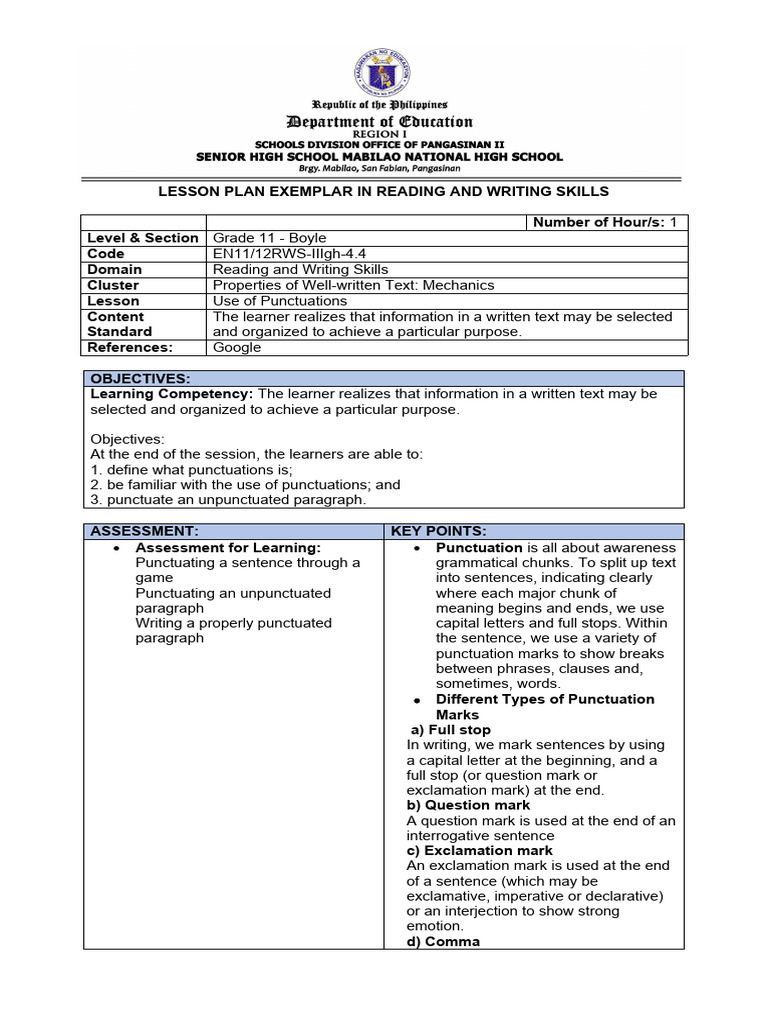 Grade 11 Punctuation Lesson Plan | PDF | Question | Punctuation