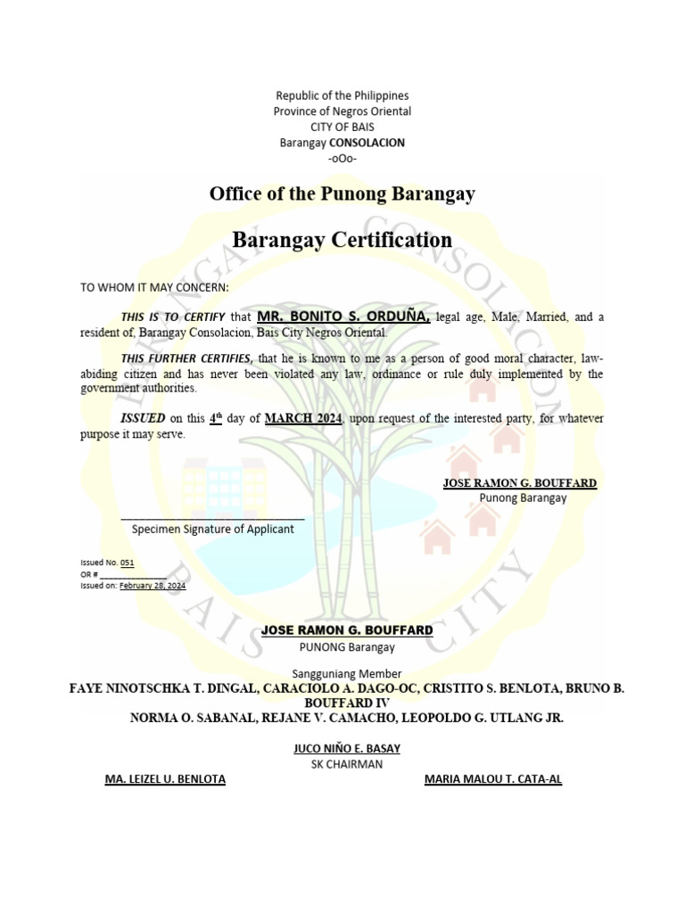 2024 Barangay Certification | PDF | Marriage, Unions And Partnerships | Justice