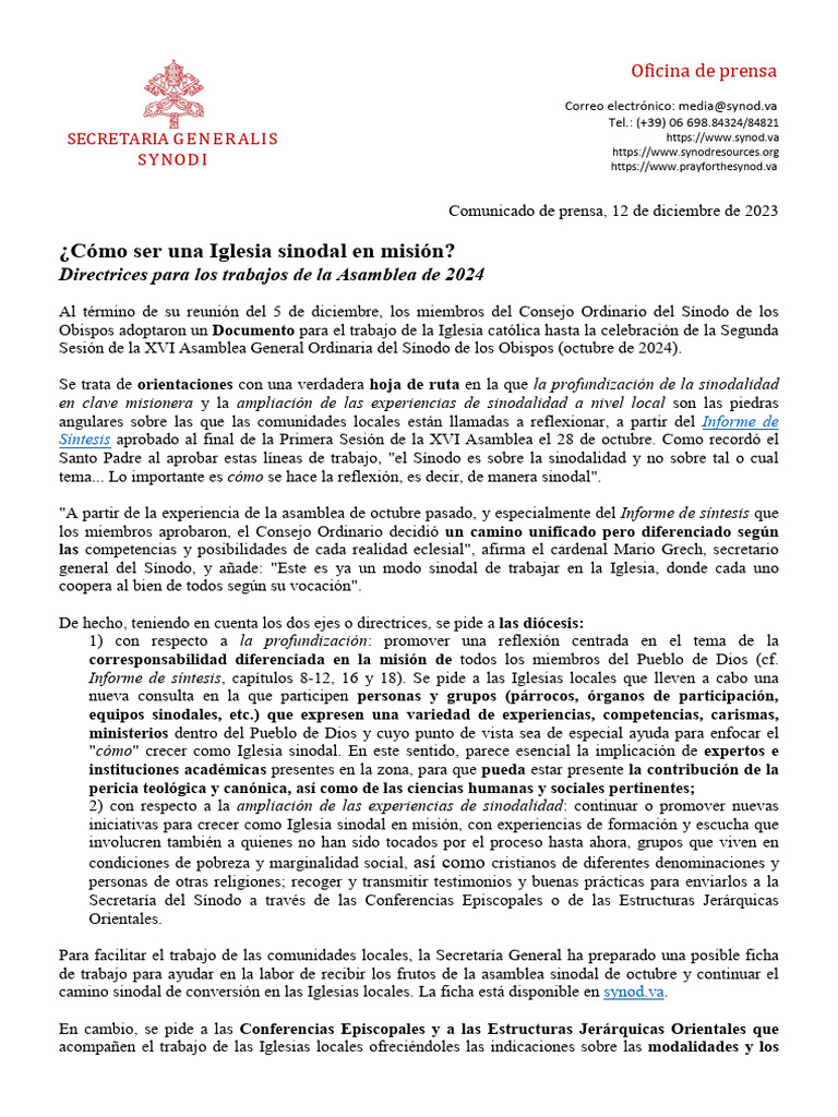 2023.12.12 ESP Press Release | PDF | Sínodo | Iglesia Católica