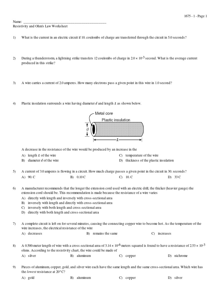 Resistivity and Ohms Law Worksheet | PDF | Electrical Resistance And ...
